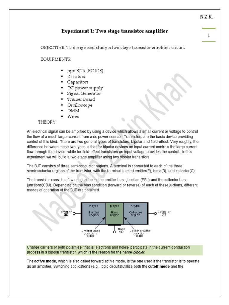 Experiment 1: Two Stage Transistor Amplifier: Theory | PDF | Bipolar ...