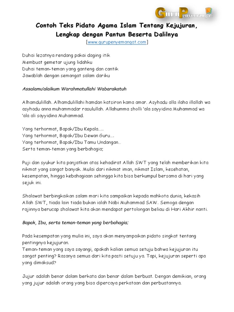 Contoh Teks Pidato Agama Islam Tentang Kejujuran | PDF