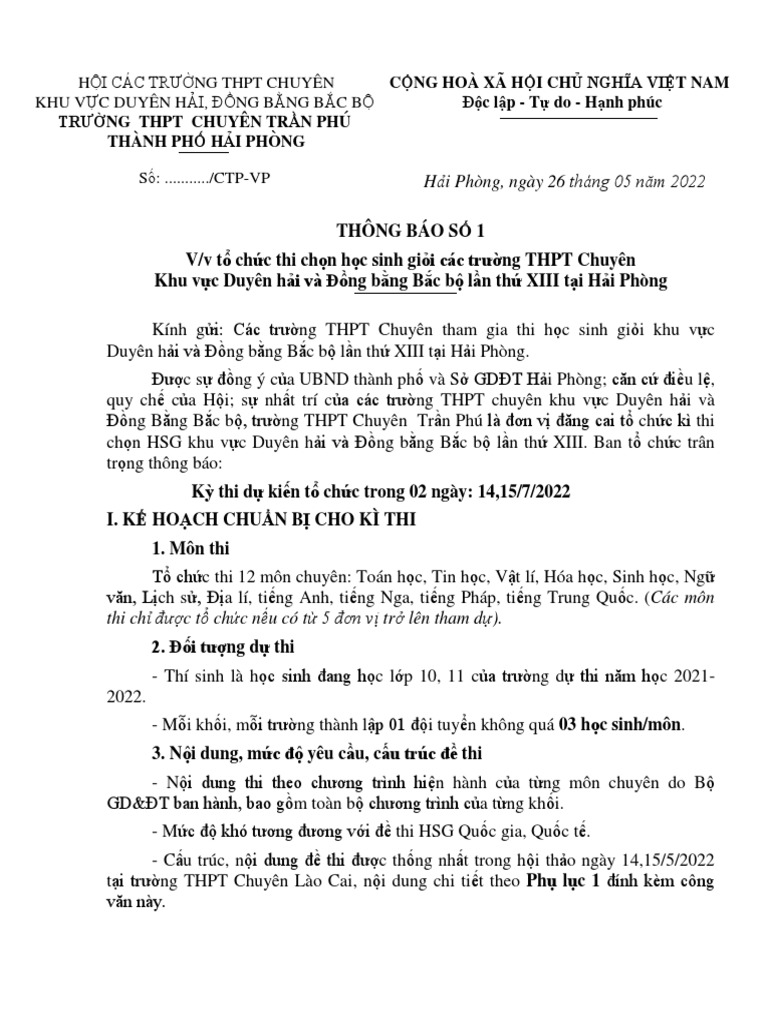 DHBB 2022 - Thông Báo Số 1 | PDF