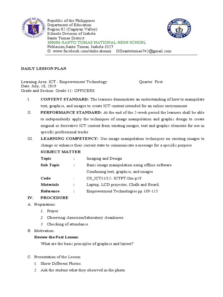 Daily Lesson Plan: Image Manipulation in ICT | PDF | Educational Technology | Learning