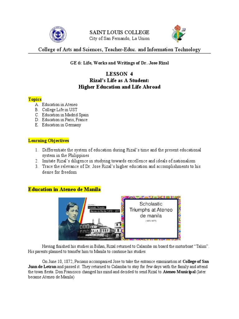 Lesson 4 - Rizal's life as a Student | PDF | Manila | Philippines