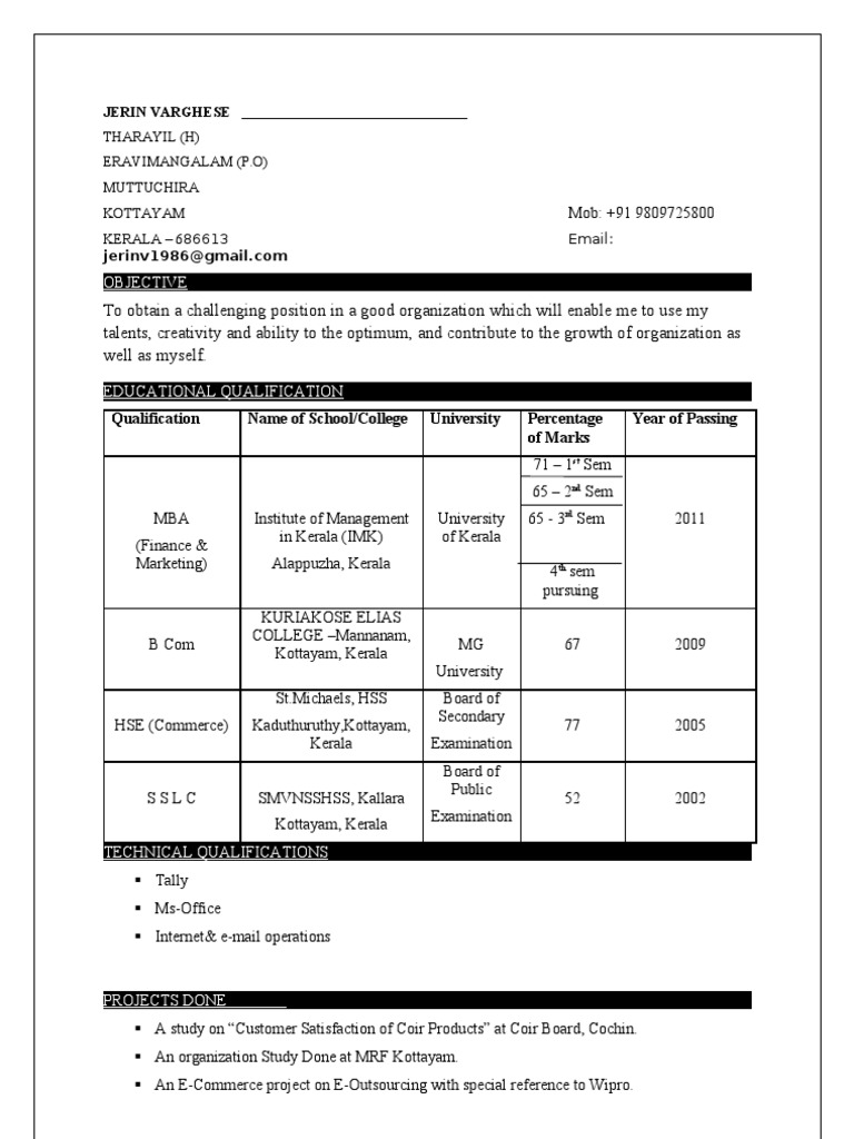 Resume of Jerin Varghese - MBA Graduate | PDF