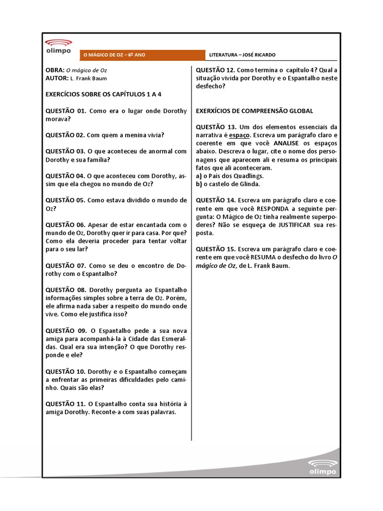 Atividade O Maravilhoso Mágico e Oz | PDF Atividade O Maravilhoso Mágico e Oz | PDF