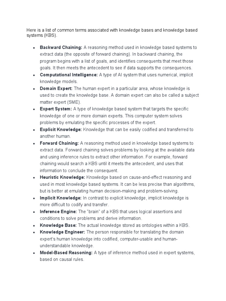 Here Is A List of Common Terms Associated With Knowledge Bases and Knowledge Based Systems (KBS ...