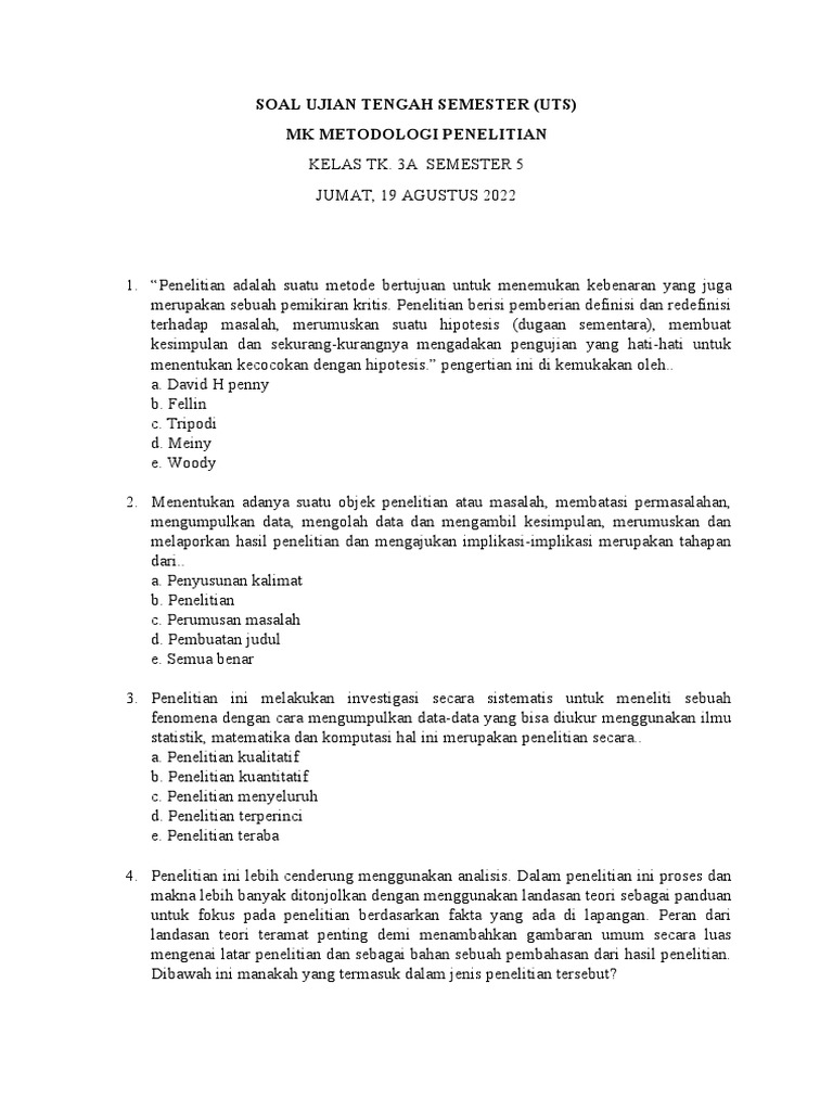 Soal Uts Metlit D3 Kep Tk3a Semester 5 2022 | PDF | Karier & Perkembangan | Komputer