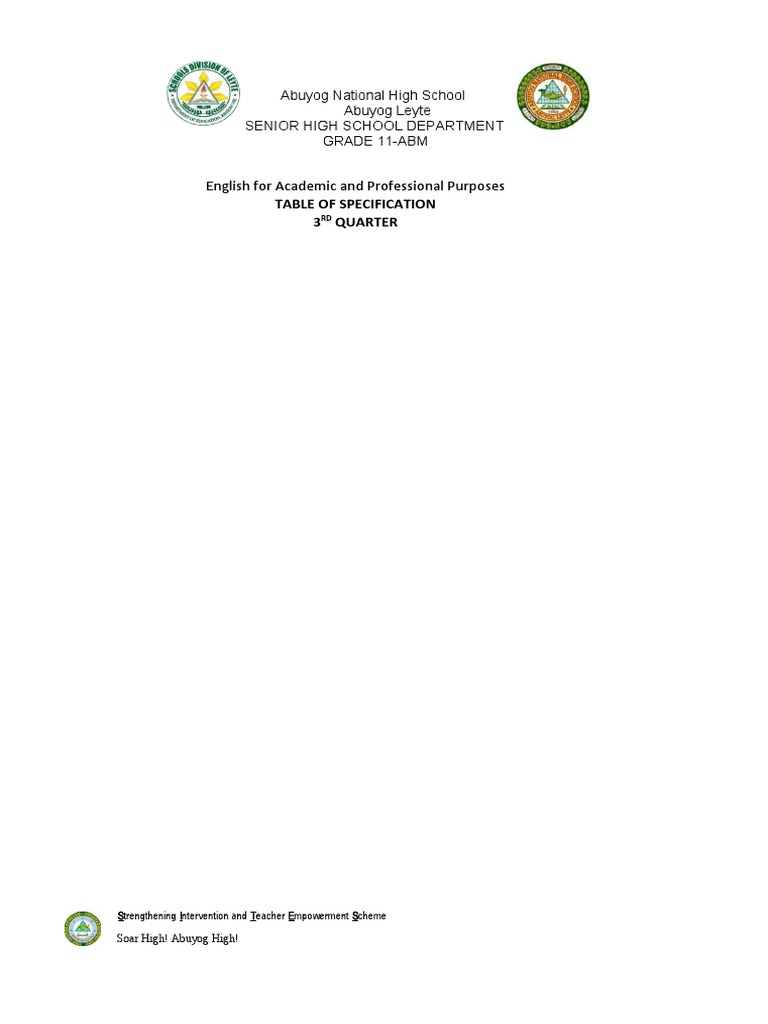 English For Academic and Professional Purposes: Table of Specification 3 Quarter | Download Free ...