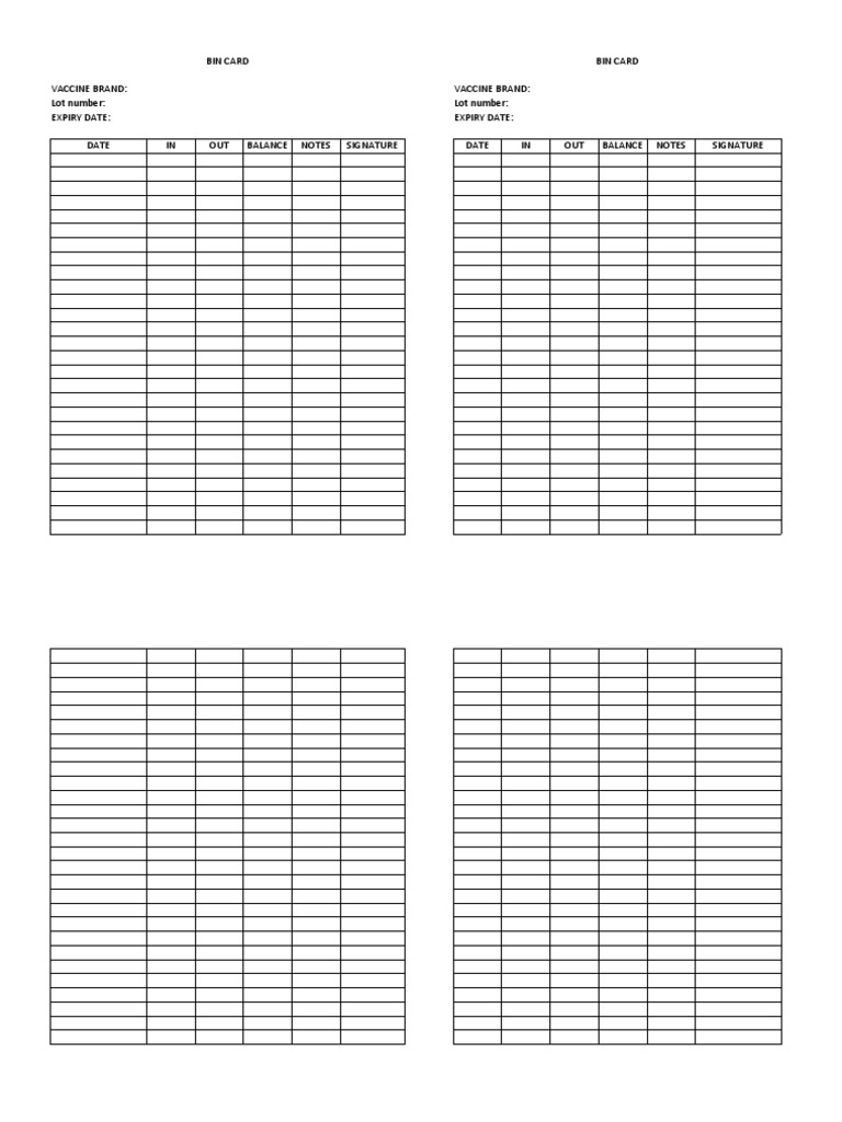 Vaccine Inventory Bin Card Template | PDF