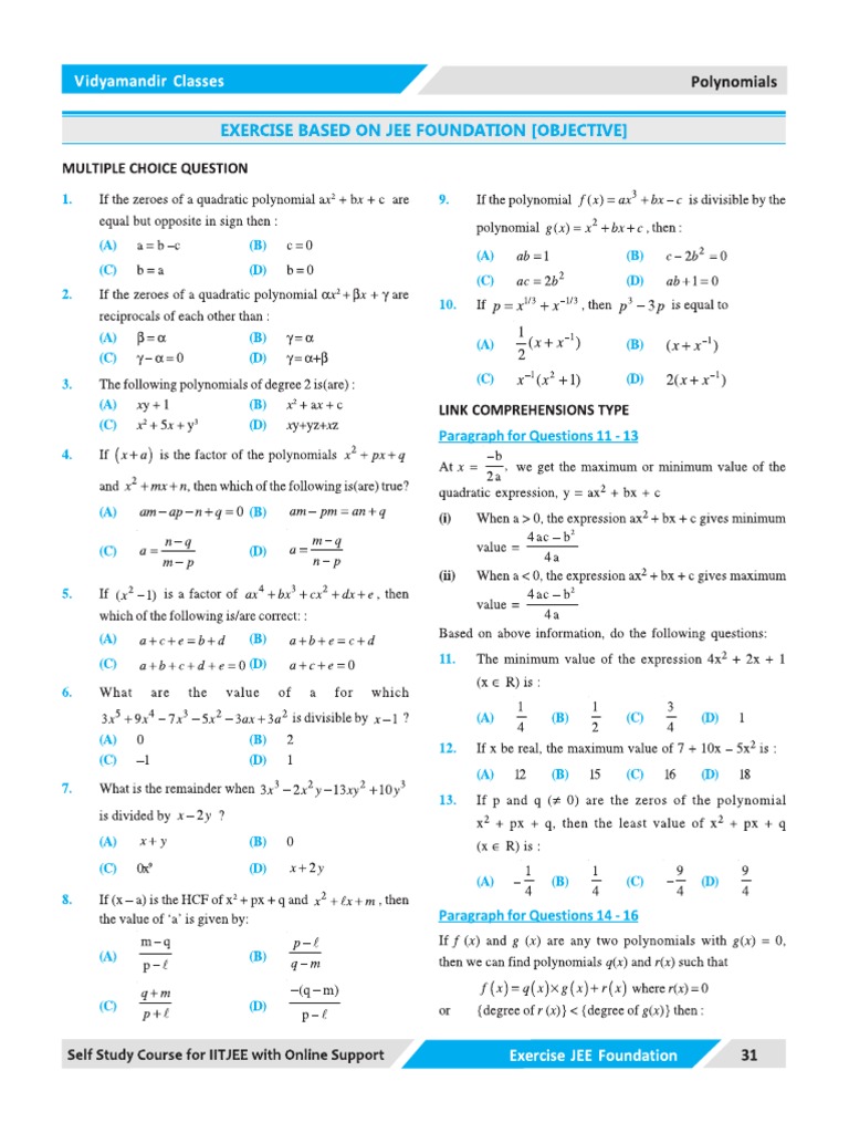 Polynomial Exercise Jee Foundation Pdf 