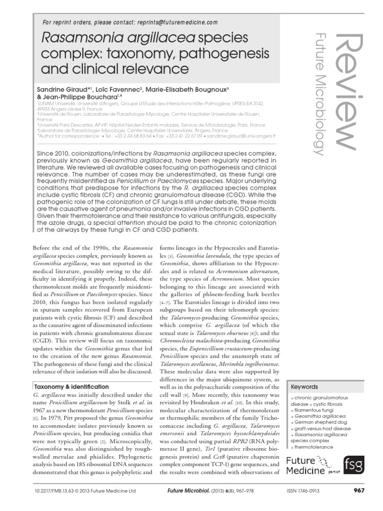 Complex: Taxonomy, Pathogenesis and Clinical Relevance: Rasamsonia Argillacea Species | PDF ...