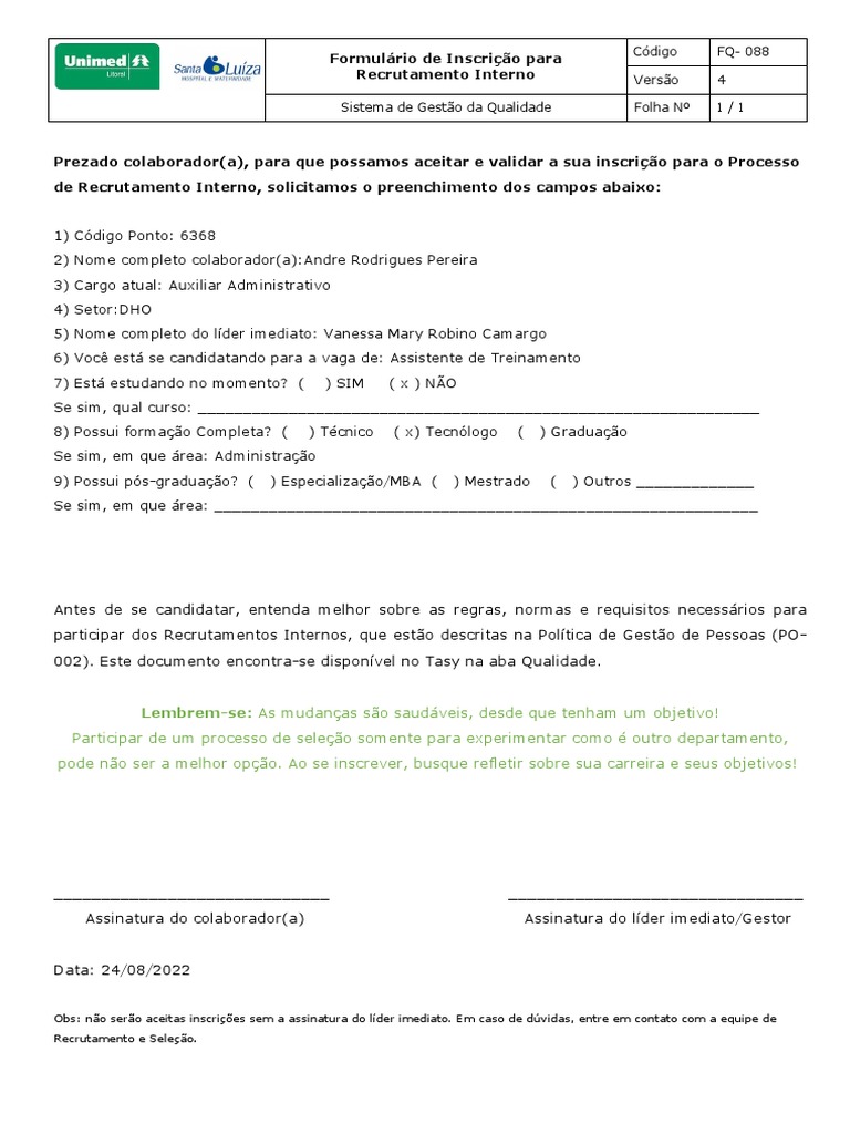 FQ-088 Formulário de Inscrição Do Recrutamento Interno - v4 | PDF