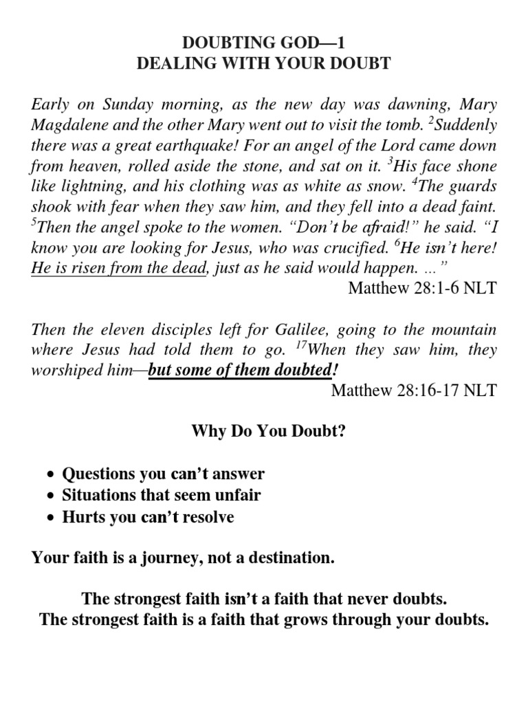 Doubting God-1 Dealing With Your Doubt: Matthew 28:1-6 NLT | PDF | Jesus | Gospel Of Matthew