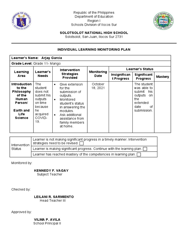 Individual Learning Monitoring Plan Template | PDF | Learning ...