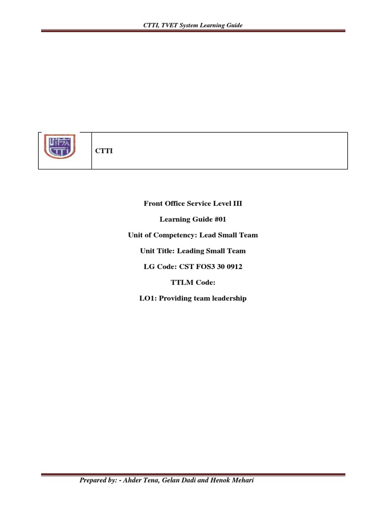 Lead Small Team TTLM | PDF | Leadership | Motivational