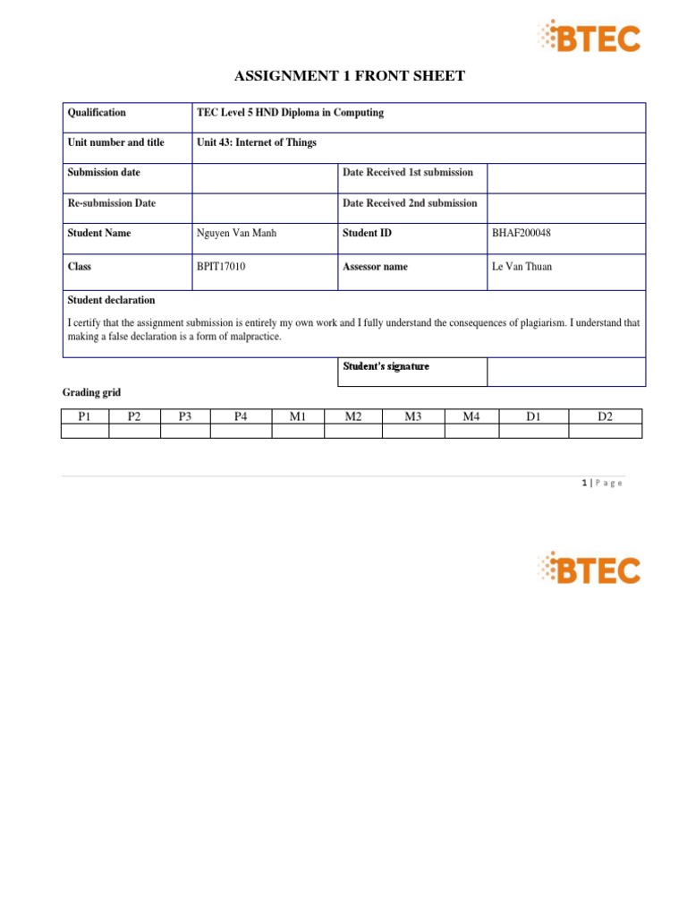 Assignment 1 Front Sheet: Qualification TEC Level 5 HND Diploma in Computing | PDF | Internet Of ...
