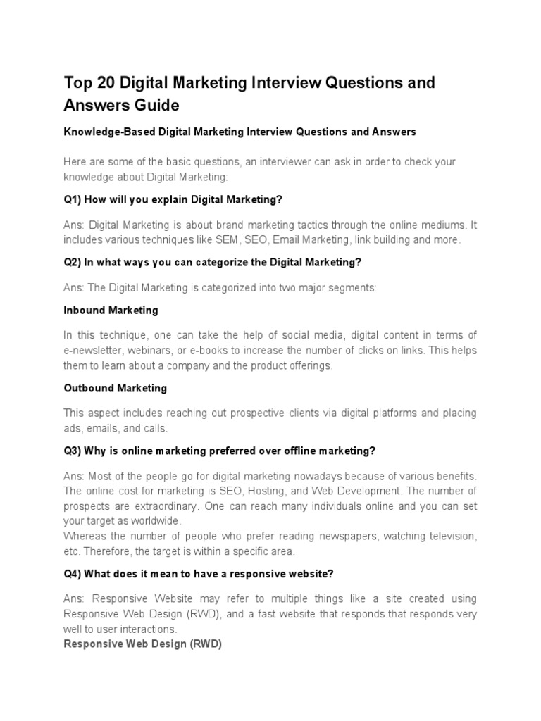 Top 20 Digital Marketing Interview Questions and Answers Guide | Download Free PDF | Search ...