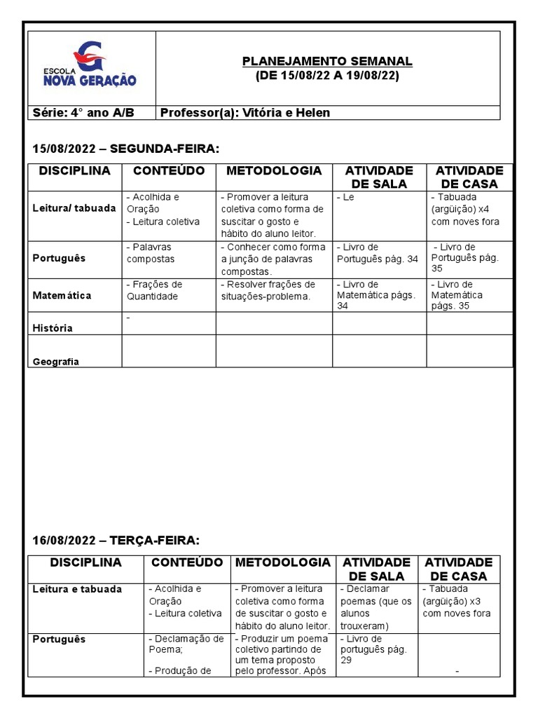 Planejamento Semanal de 15 A 19 de Agosto | PDF | Livros | Terra