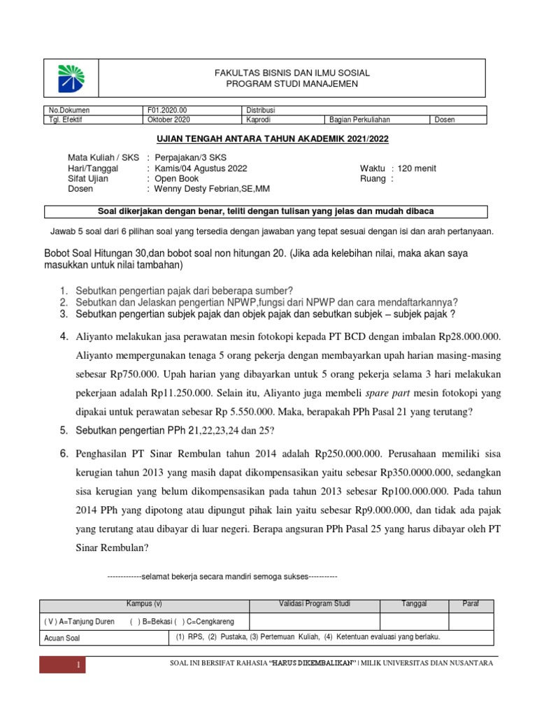 Template Soal Ujian UNDIRA-UTS-Perpajakan | PDF