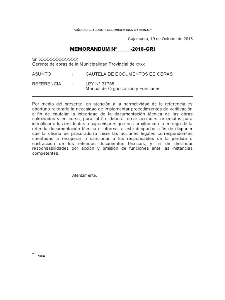 Formato de Memorandum A Gerentes de Obras | PDF