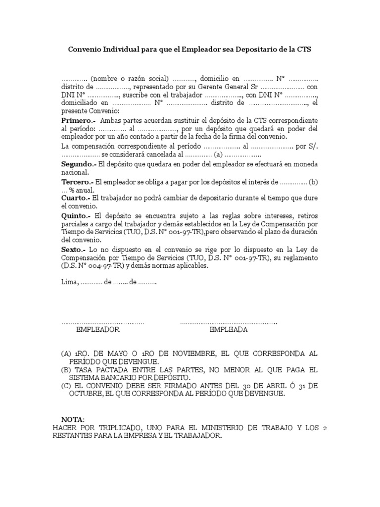 Convenio Individual para Que El Empleador Sea Depositario de La CTS | PDF
