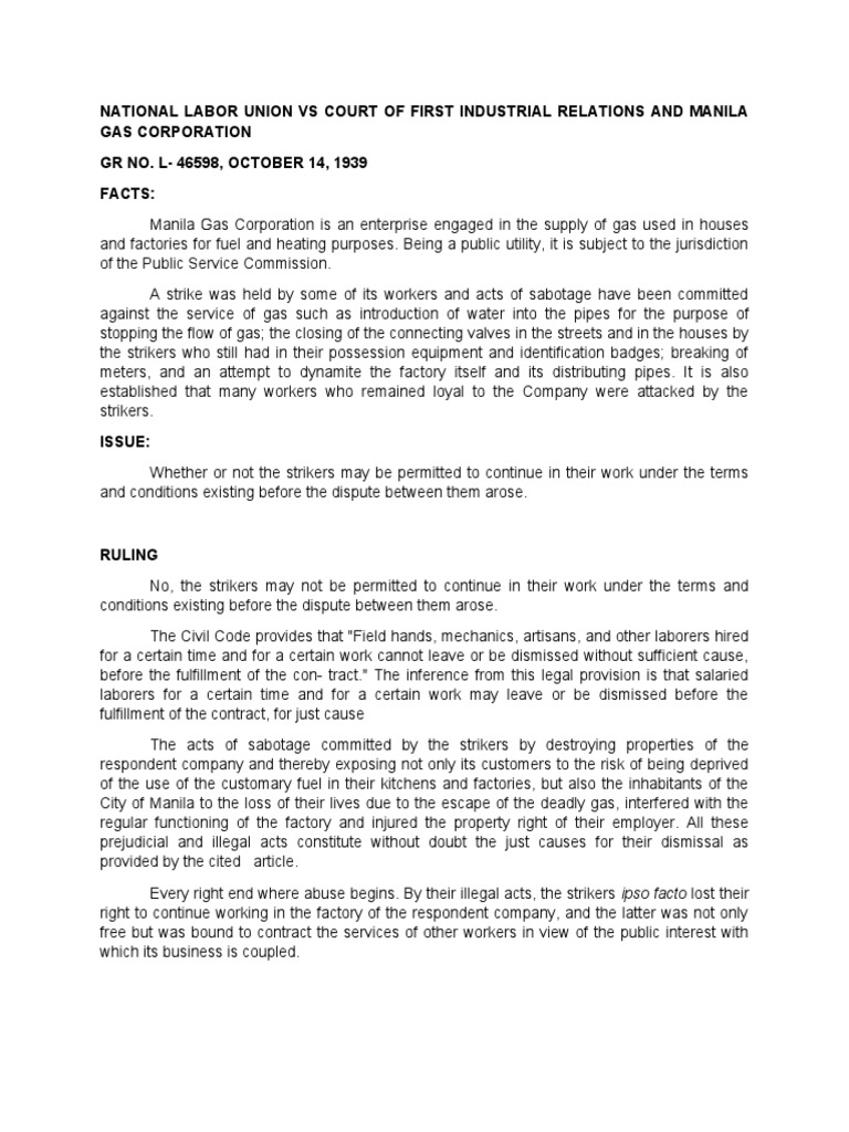 National Labor Union VS Court of First Industrial Relations and Manila ...