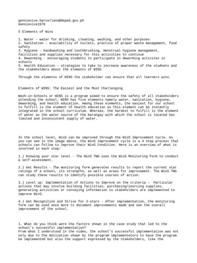 Implementing the Wash in Schools (WINS) Program: An Analysis of the ...