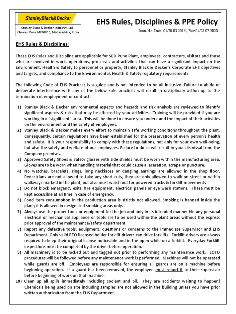EHS Rules, Discipline & EHS Policy 2020 | PDF | Personal Protective ...