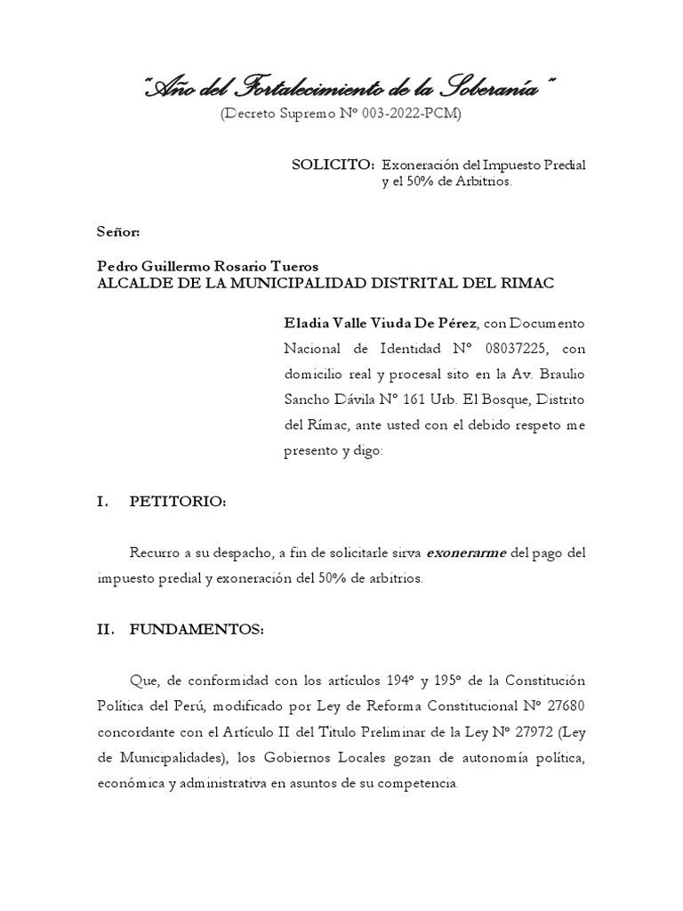 Solicitud de exoneración de impuestos prediales y arbitrios municipales ...