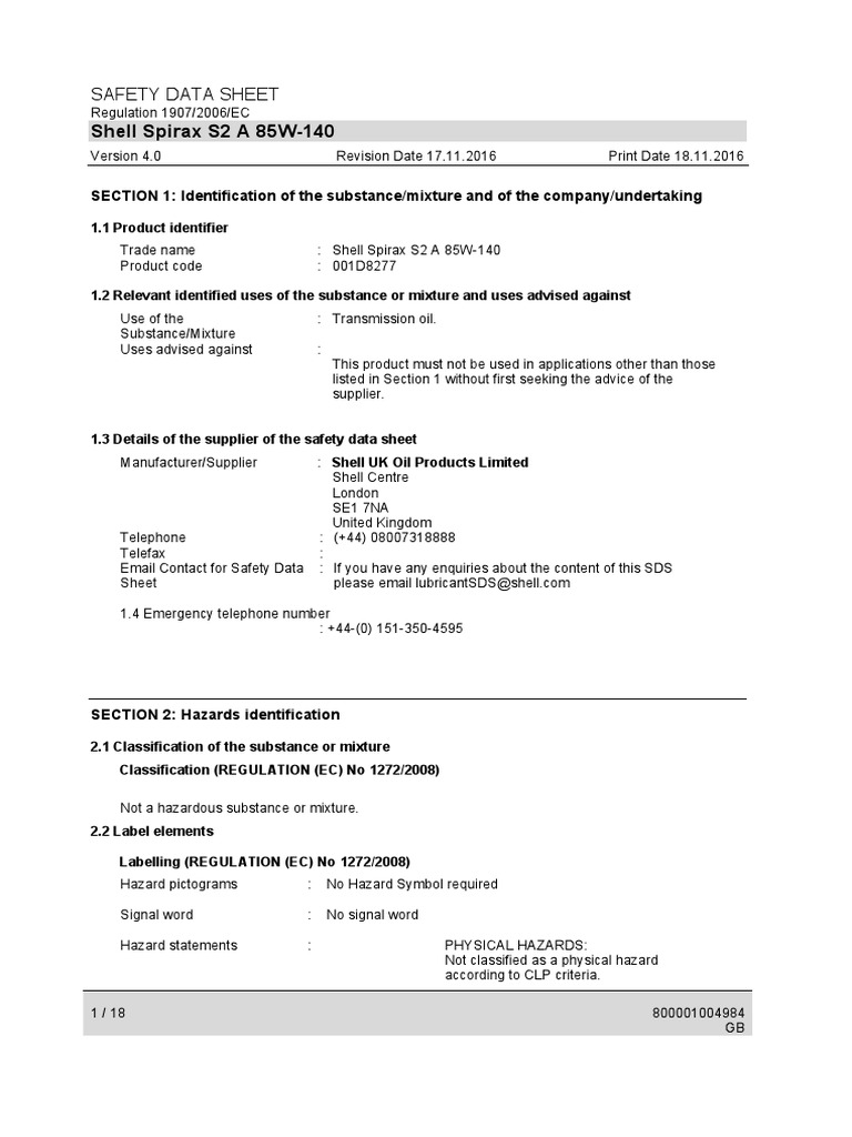 Shell Spirax S2 A 85W-140: Safety Data Sheet | PDF | Dangerous Goods ...