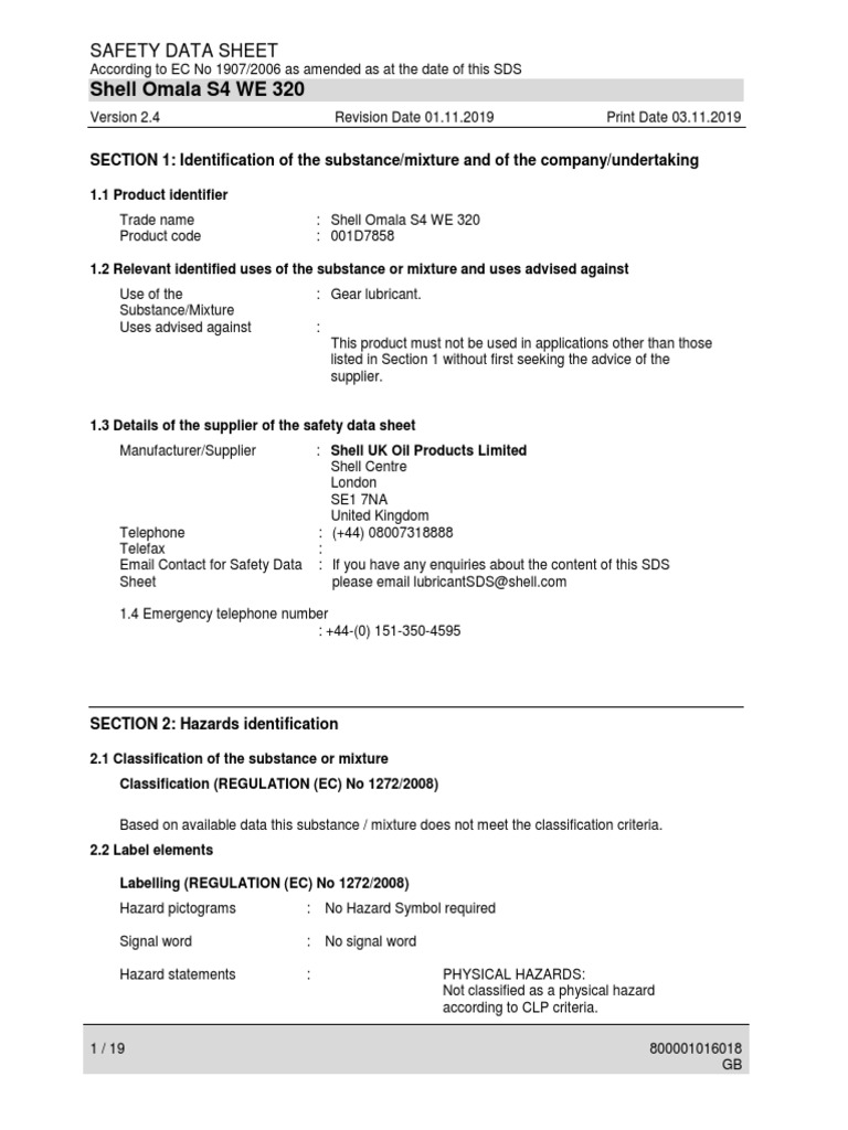 Shell Omala S4 WE 320: Safety Data Sheet | PDF | Dangerous Goods | Personal Protective Equipment