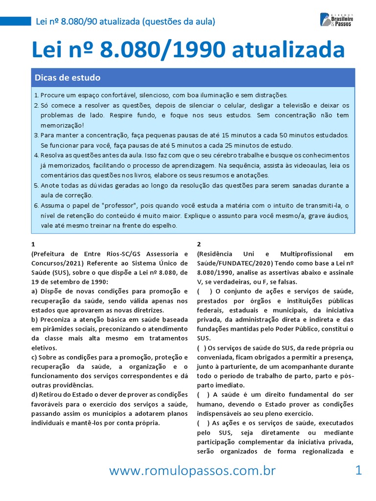 Questões sobre a Lei 8.080/90 Atualizada | PDF | Epidemiologia ...