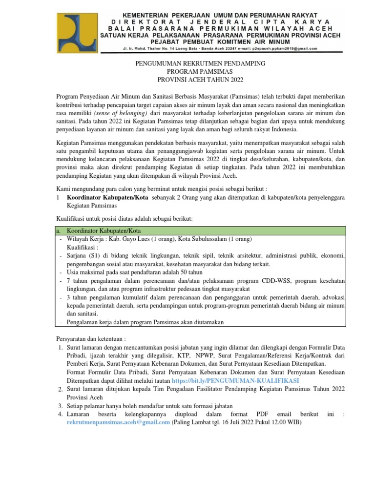 Pengumuman Korkab-Korkot Rekrutmen Pendamping Program Pamsimas Ta. 2022 ...