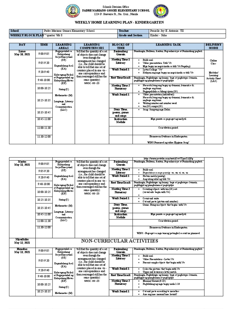 Weekly Home Learning Plan - Kindergarten | PDF | Learning | Writing