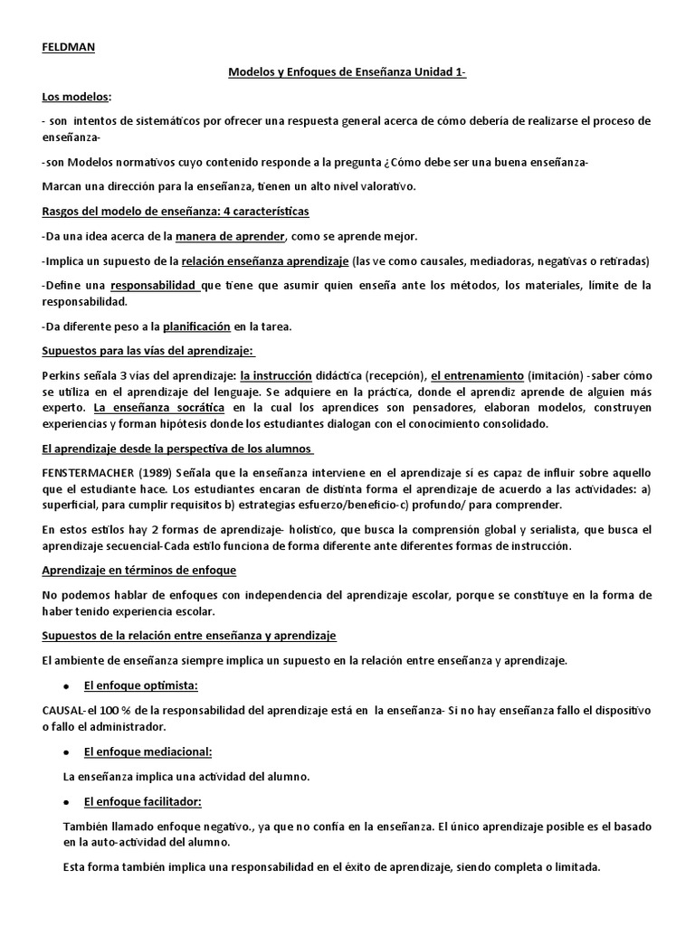 Resumen Feldman | PDF | Método de enseñanza | Aprendizaje