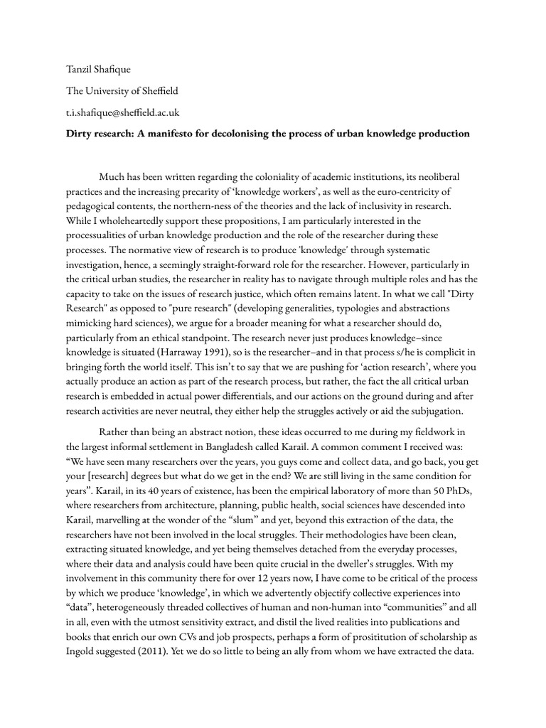 Dirty Research: A Manifesto For Decolonising The Process of Urban Knowledge Production | PDF ...