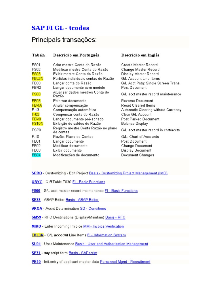Principais Transações:: SAP FI GL - Tcodes | PDF | Computing | Business