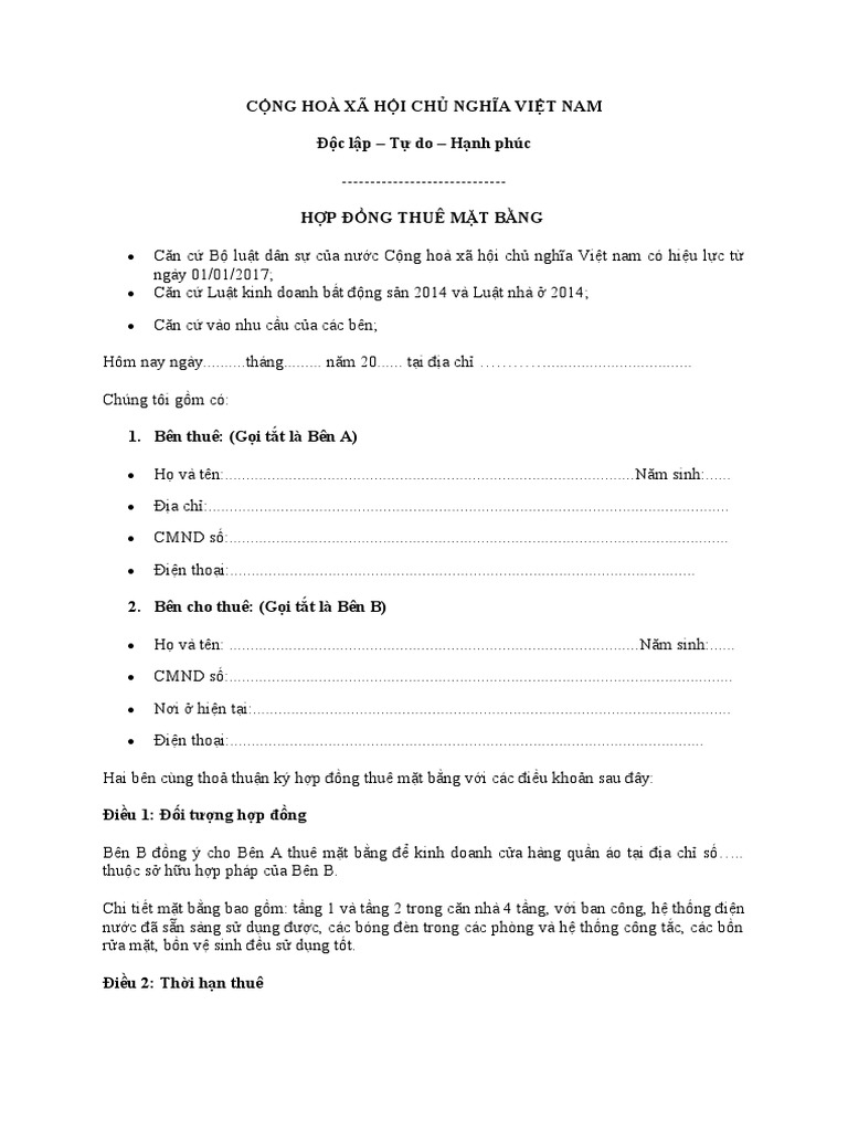 Mau Hop Dong Thue Mat Bang | PDF