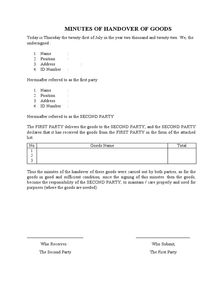 Handover Minutes of Goods | PDF