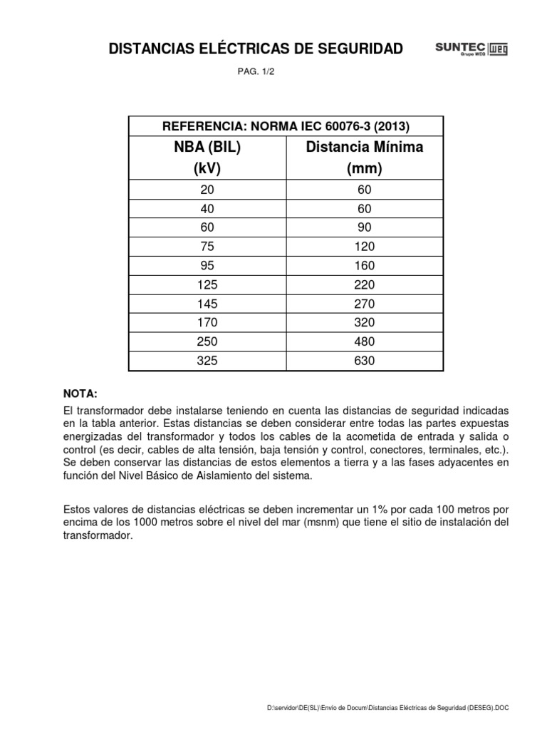 Distancias Eléctricas de Seguridad en Transformadores | PDF | Transformador | voltaje