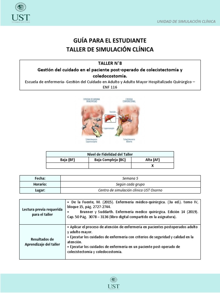 Taller 8 Postoperatorio Colecistectomia | PDF | Enfermería | Examen físico
