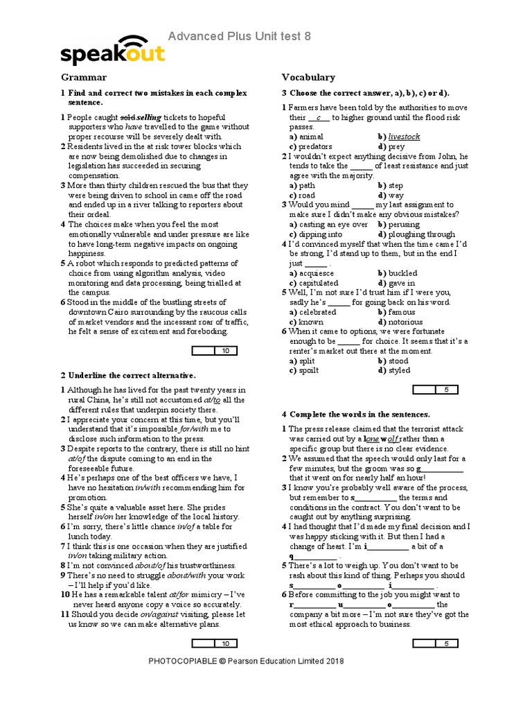 Advanced Plus Unit Test 8: Grammar Vocabulary | PDF