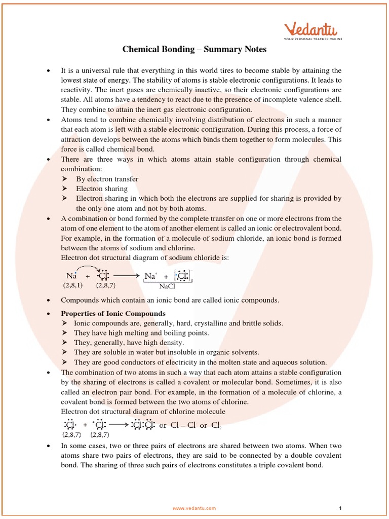 Class 10 Chemistry Chapter 2 Revision Notes | PDF | Chemical Bond ...