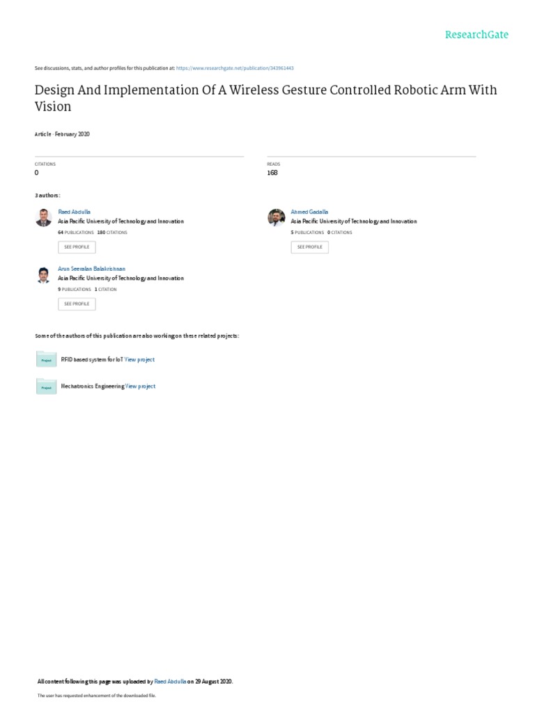 Design And Implementation Of A Wireless Gesture Controlled Robotic Arm With Vision Pdf