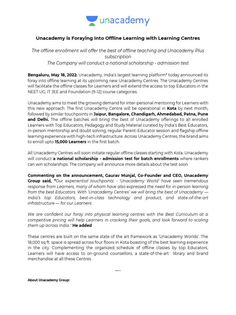 Unacademy Forays Into Offline | Download Free PDF | Learning | Behavior ...