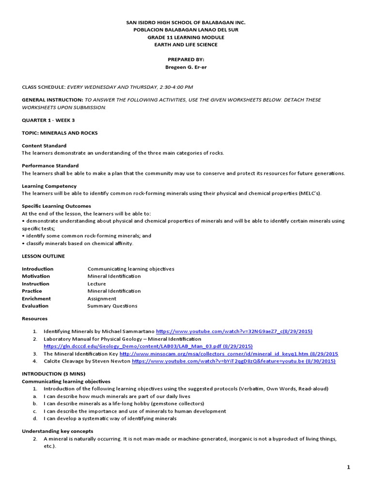 Grade 11 Earth Science: Minerals Module | PDF | Minerals | Chemical ...