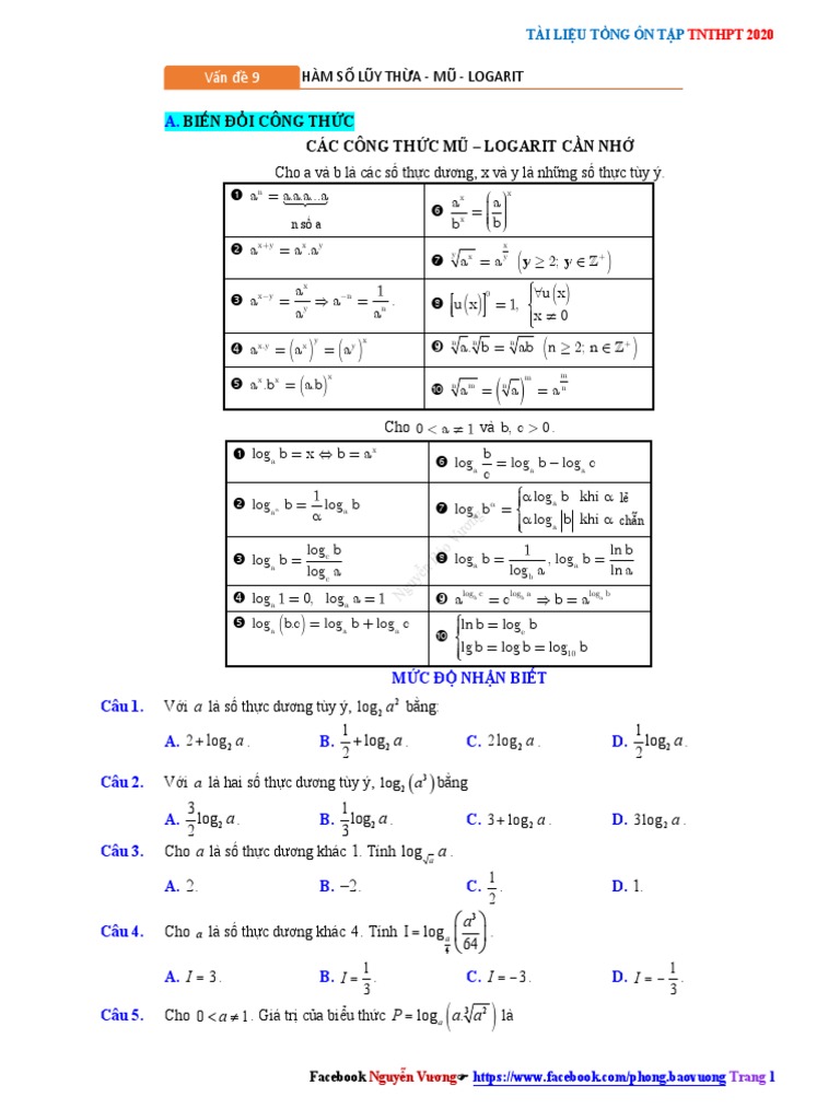 Tong On Tap TN THPT 2020 Mon Toan Ham So Luy Thua Ham So Mu Ham So Logarit | PDF