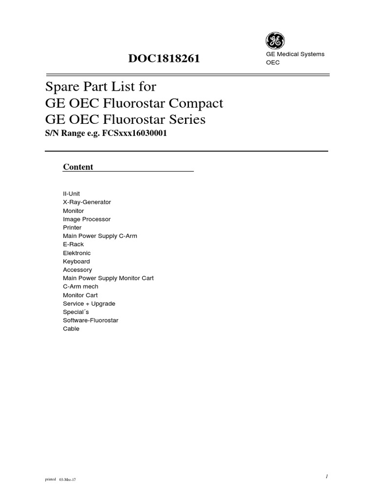 GE OEC Fluorostar Spare Parts List | PDF | Usb | Electrical Connector