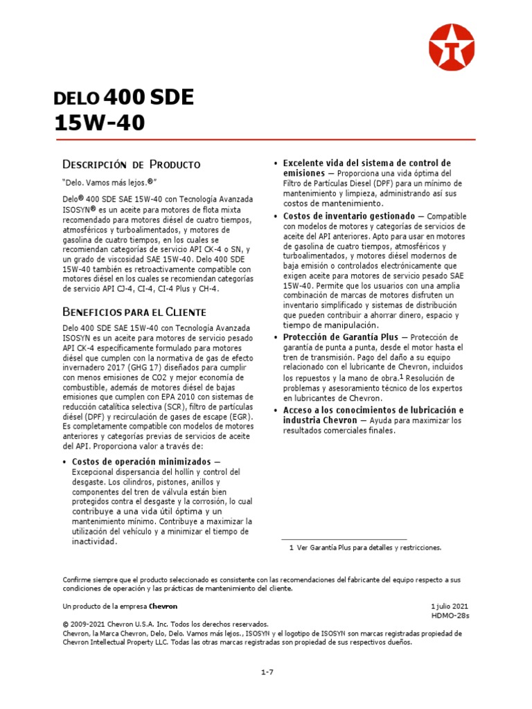 Delo 400 SDE 15W40 | PDF | Motor diesel | Lubricante
