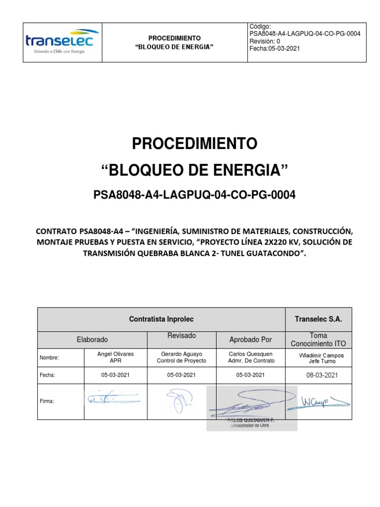 PSA8048-A4-LAGPUQ-04-CO-PG-0004 Procedimiento de Bloqueo de Energia Rev0 Firmad | PDF ...