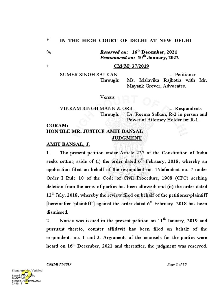 Order 1 Rule 10 CPC Delhi High Court | PDF | Lawsuit | Judgment (Law)