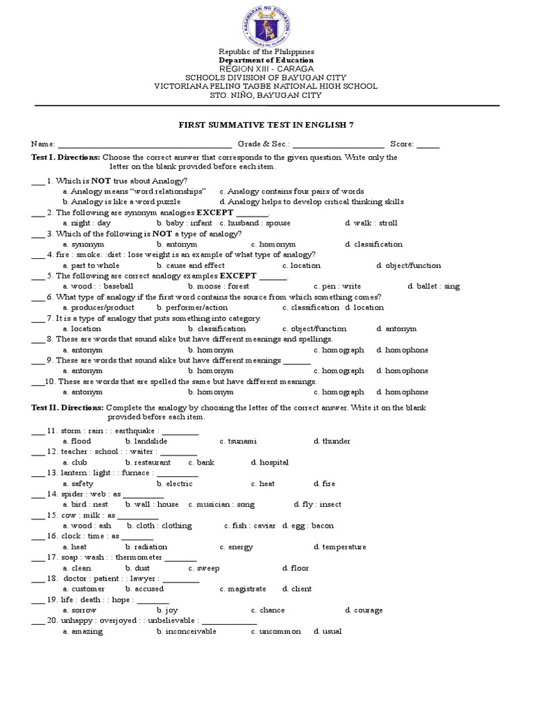 Summative Test In ENGLISH 7 Print PDF Grammatical Tense Verb